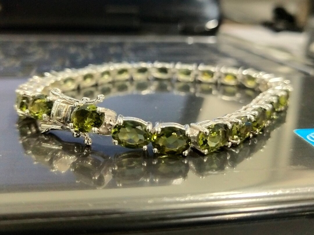 Natural Cut Moldavite Tennis Gemstone Bracelet in Silver and Gold |oval ...