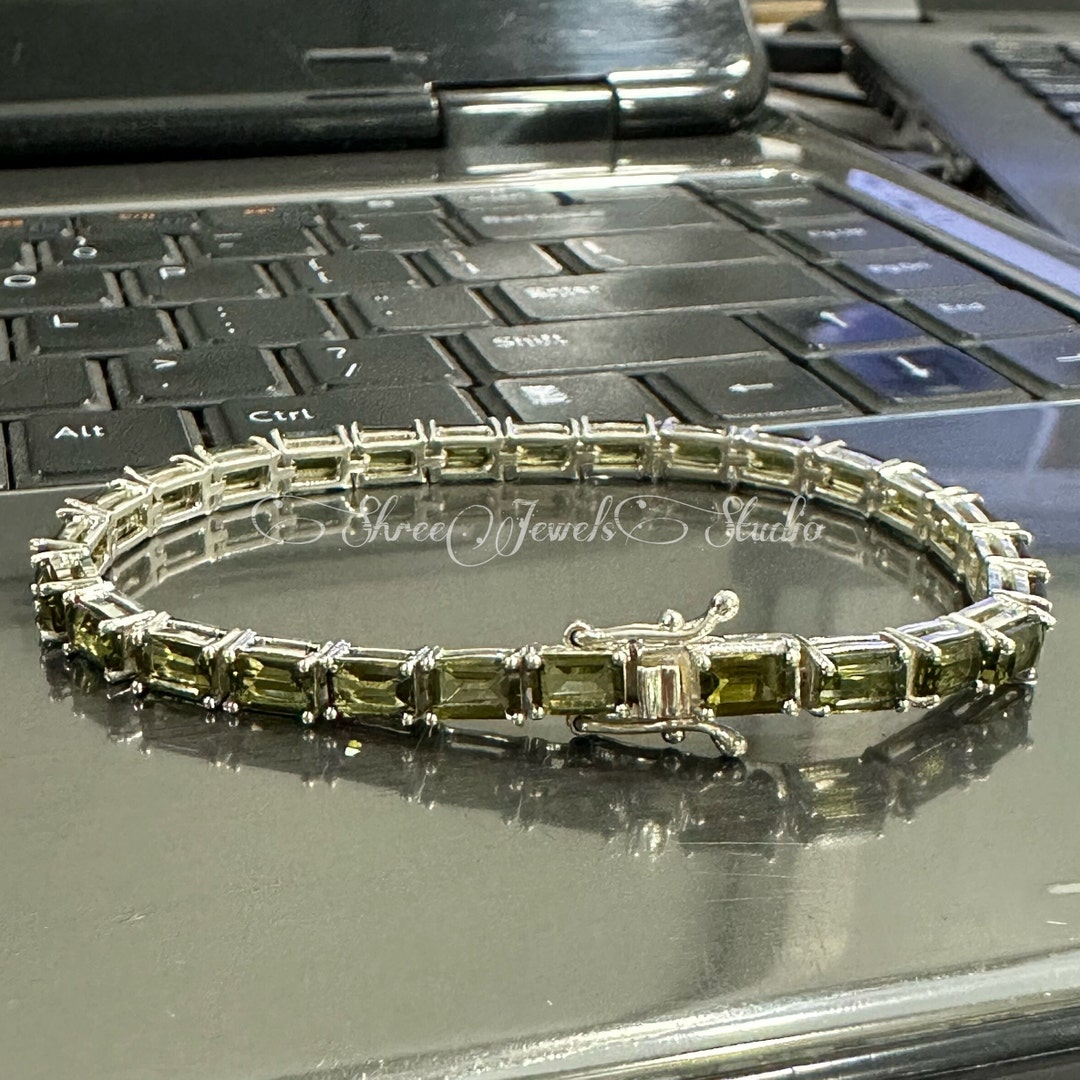 Natural Cut Moldavite Gemstone Tennis Bracelet in Sterling Silver ...