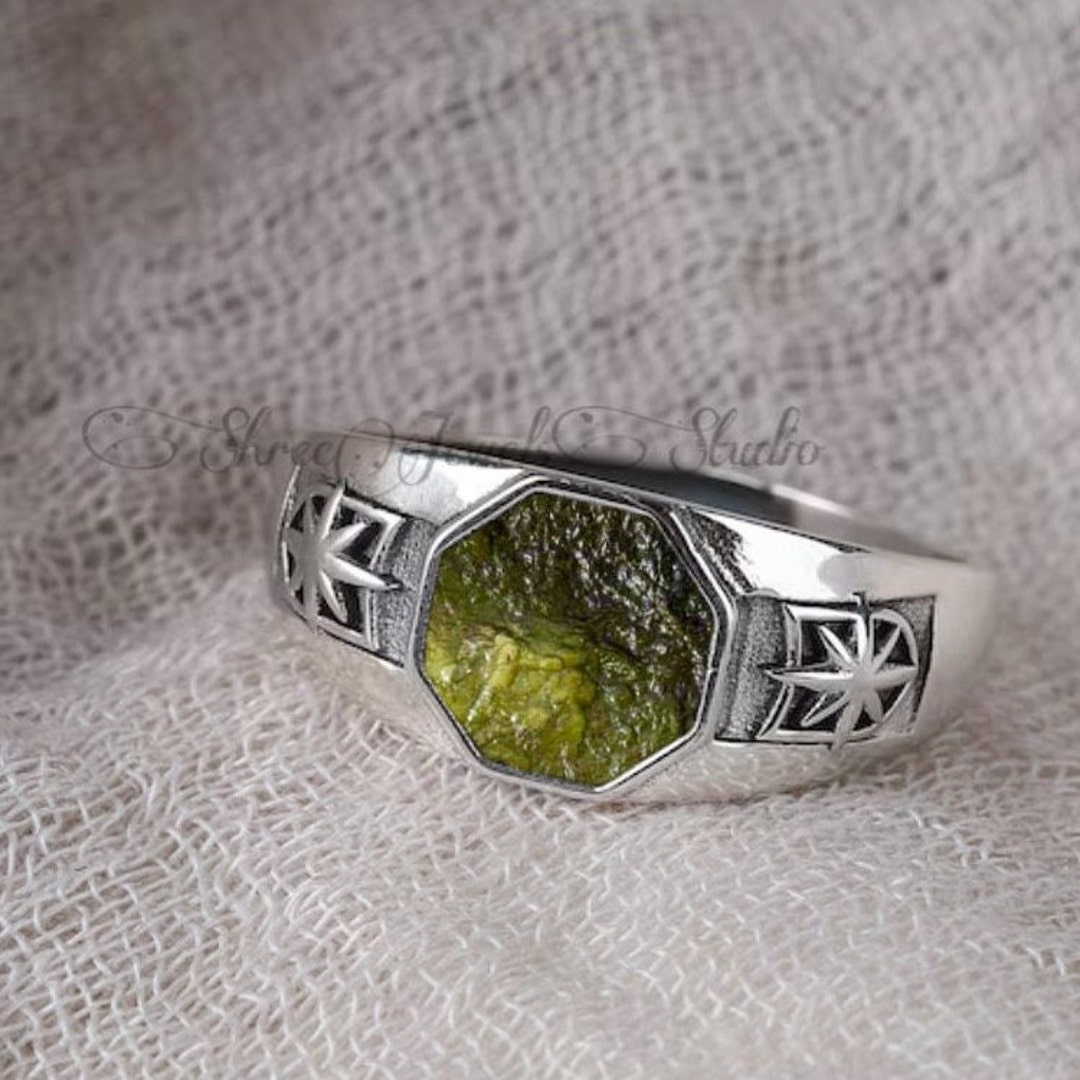 Natural Raw Moldavite Gemstone Ring in Sterling Silver | Man's ...