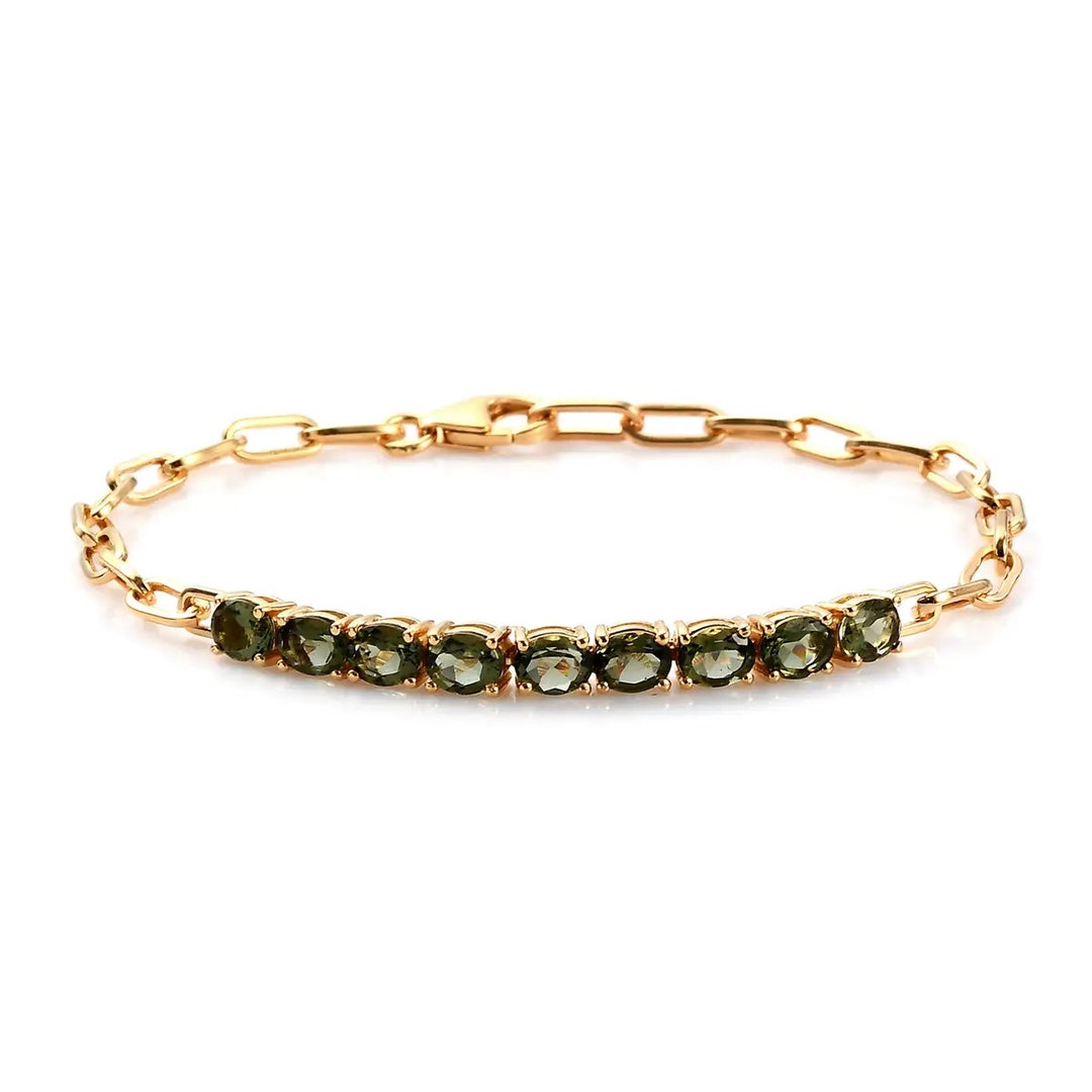 Natural Cut Moldavite Gemstone Paper Clip Chain Bracelet in Silver and ...