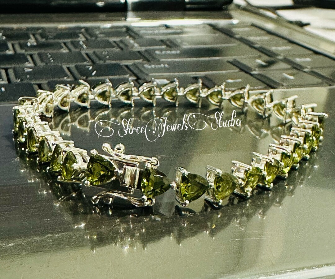 Natural Cut Moldavite Gemstone Tennis Bracelet in 925 Silver & Gold ...
