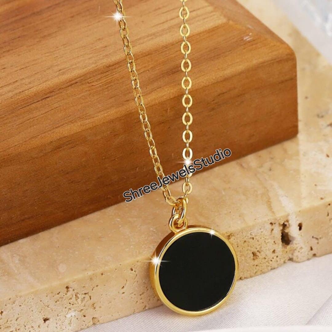 Black Obsidian Circle Pendant Necklace for Her - Minimalist Geometric ...