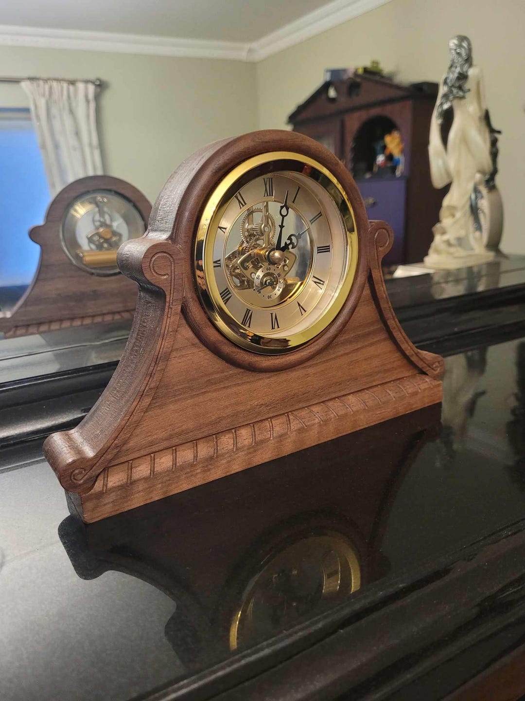 Wooden Mantelpiece Clock - Skeleton Clock Face - Solid Walnut ...