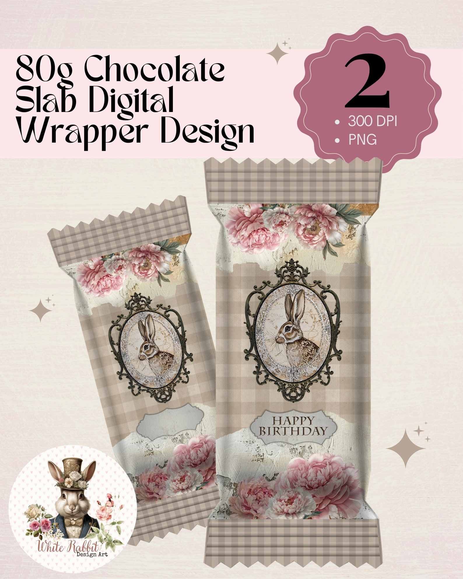 Vintage Peony Bunny Rabbit Chocolate Wrapper - Digital Download - 80g ...