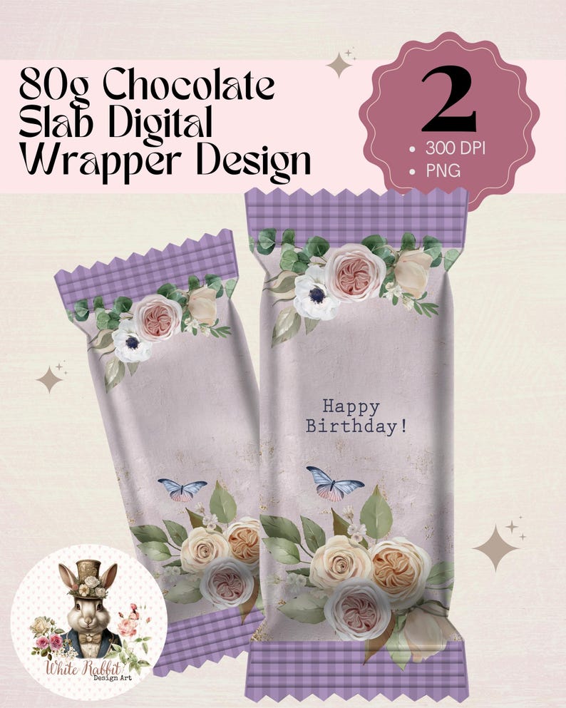 Lilac Floral Happy Birthday Printable 80g Chocolate Slab Wrapper ...