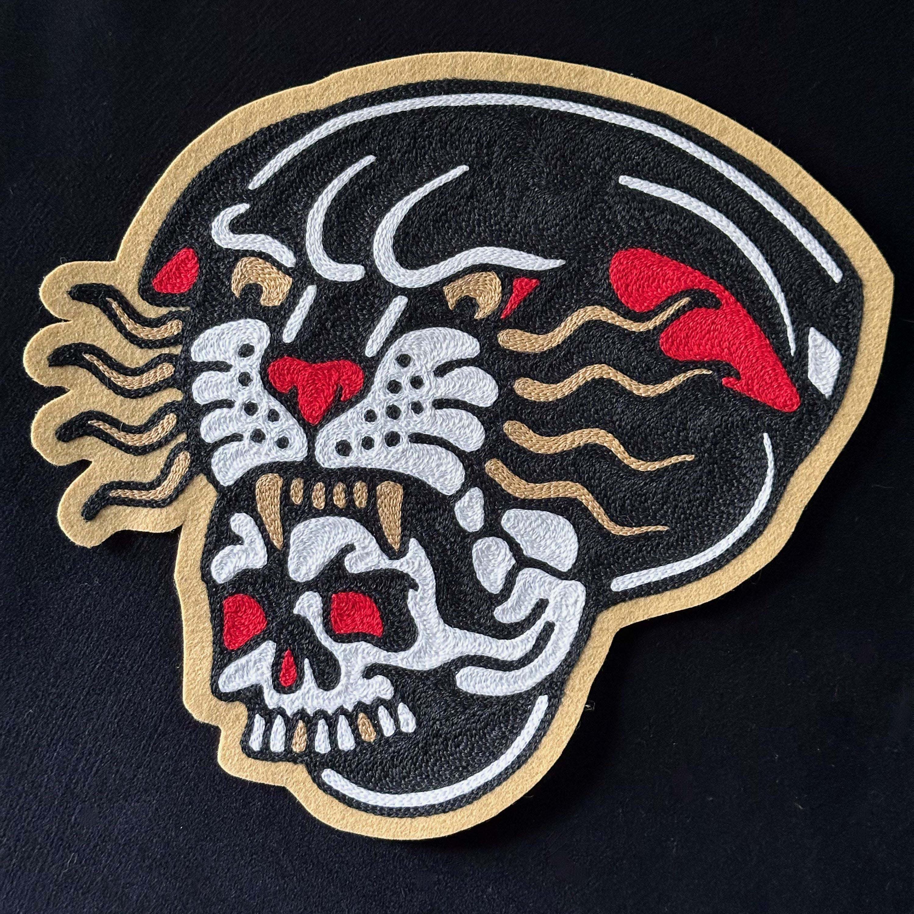 Panther Chomping on a Skull Tattoo Flash Chainstitch Embroidery Patch ...