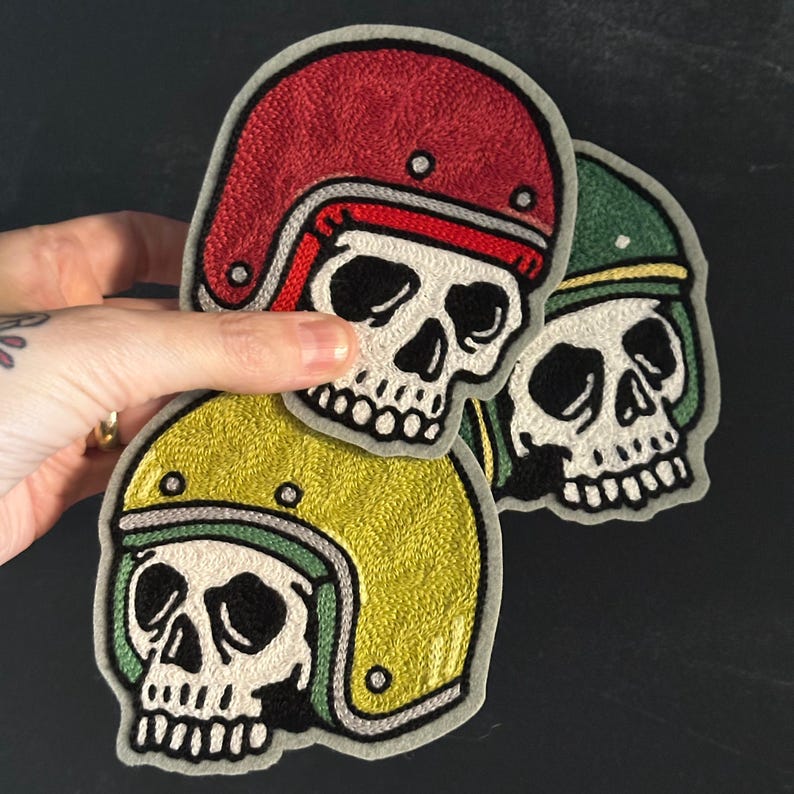 Motorcycle Helmet Skull Tattoo Flash Chainstitch Embroidery Patch - Etsy