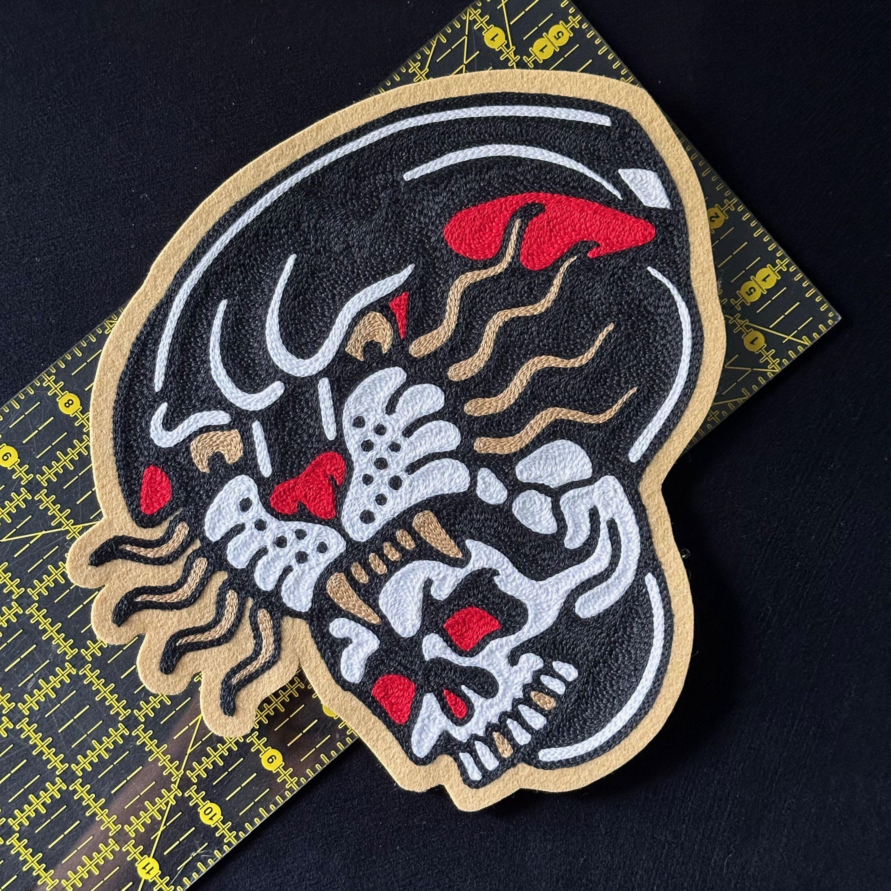 Panther Chomping on a Skull Tattoo Flash Chainstitch Embroidery Patch ...