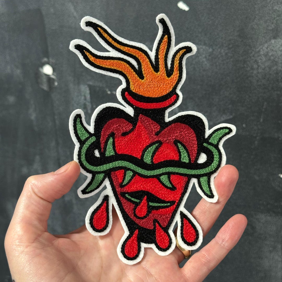 Sacred Heart Tattoo Flash Chainstitch Embroidery Patch - Etsy