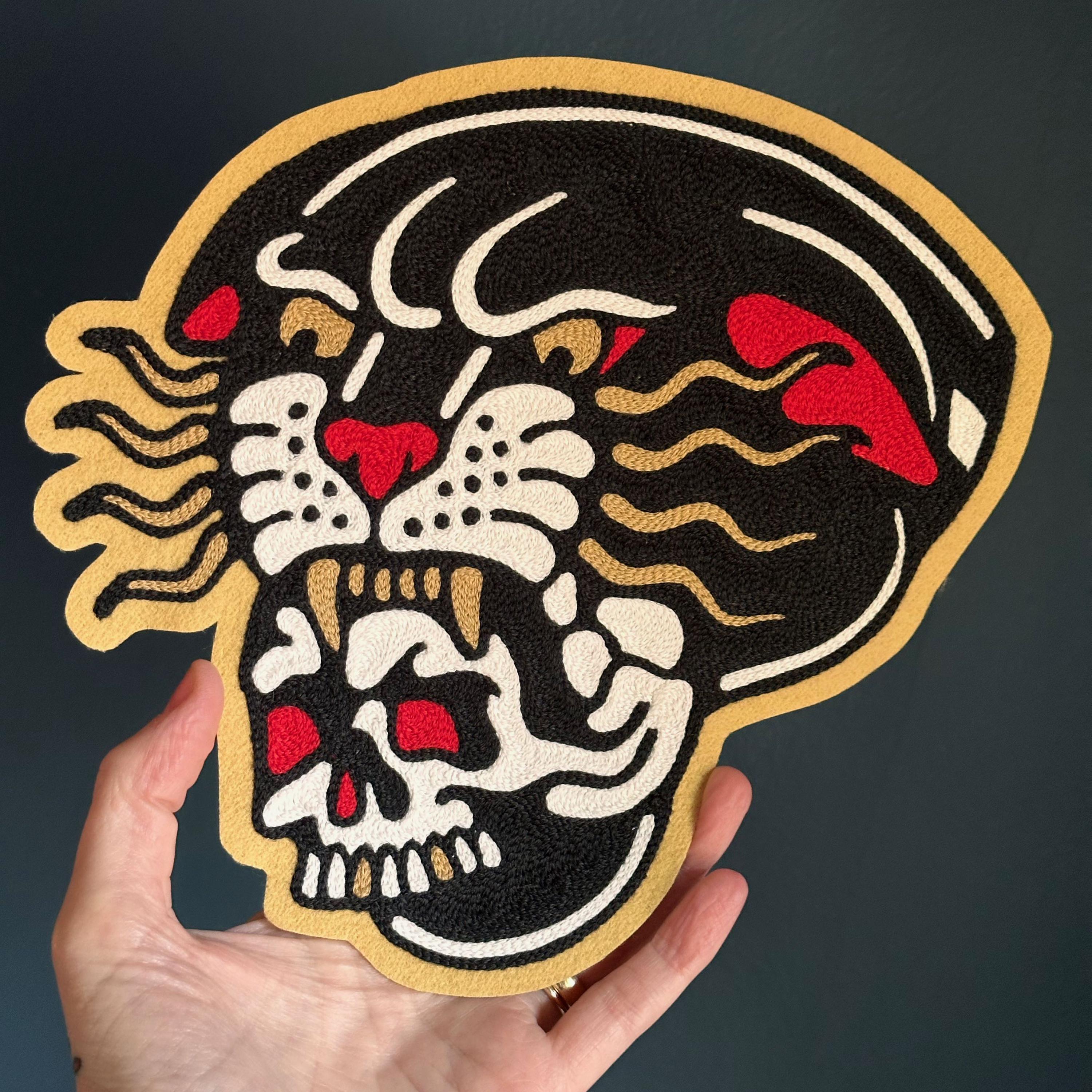 Panther Chomping on a Skull Tattoo Flash Chainstitch Embroidery Patch ...