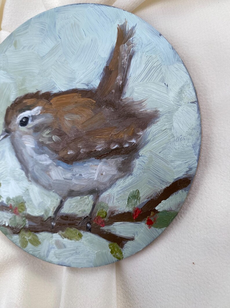 Original Wren Bird Oil Painting/small Round Wren Painting/ Wren Bird ...