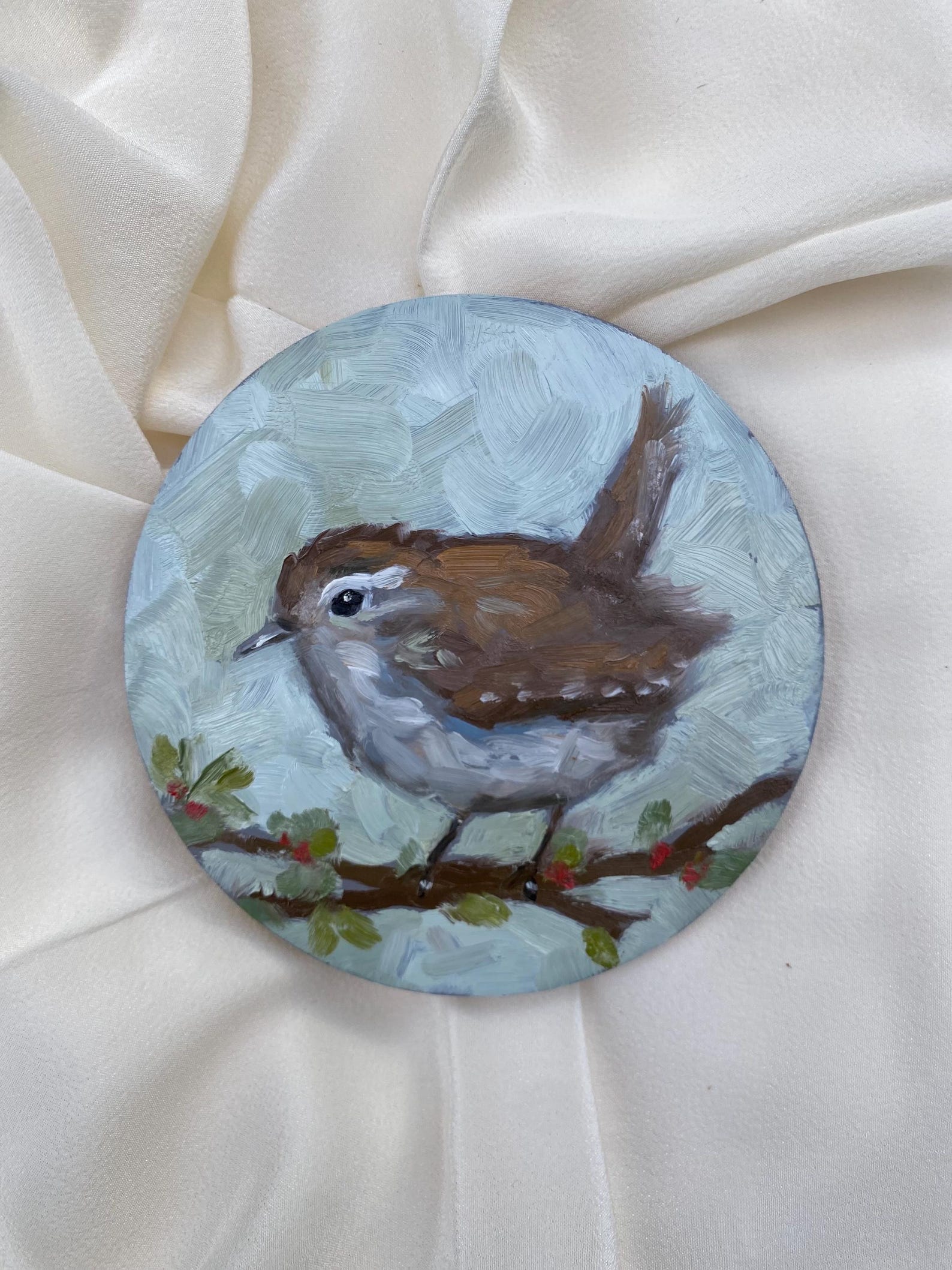 Original Wren Bird Oil Painting/small Round Wren Painting/ Wren Bird ...