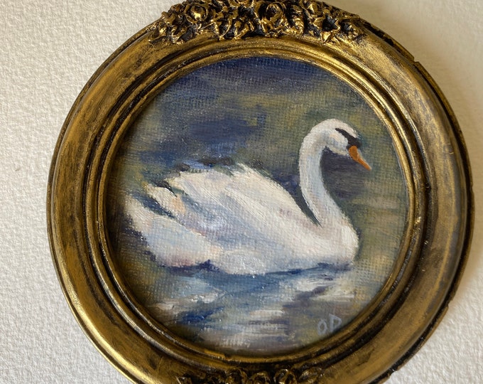 Vintage Swan ORIGINAL Small Framed Oil Painting, Swan Painting,round ...