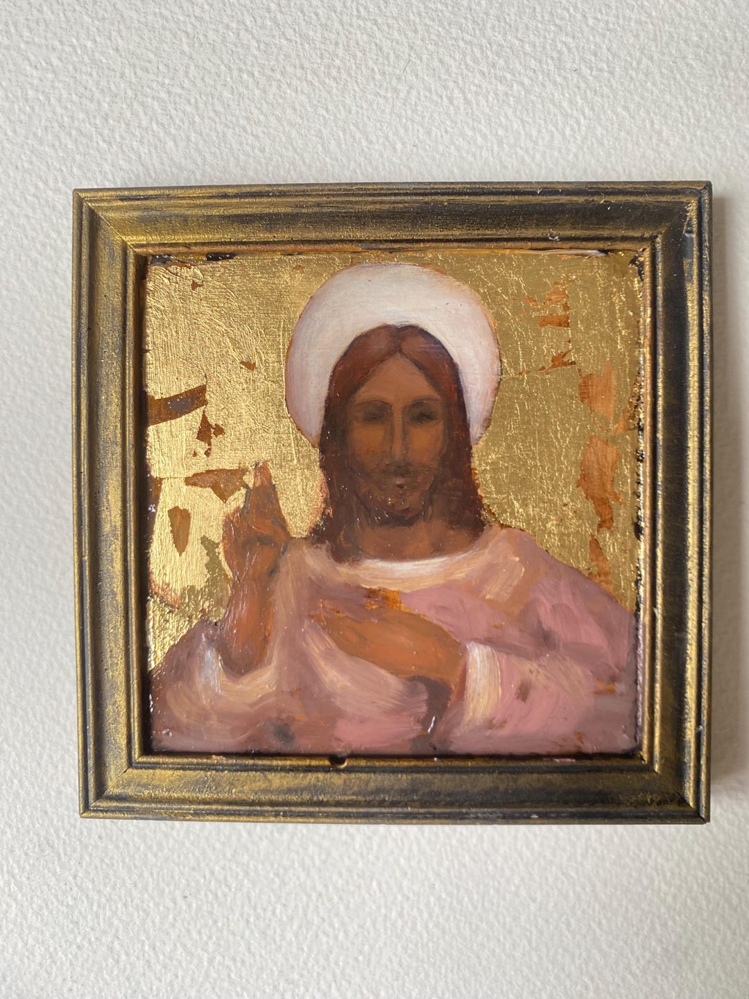 Original Jésus Painting Square Vintage Framed Oil Painting Small ...