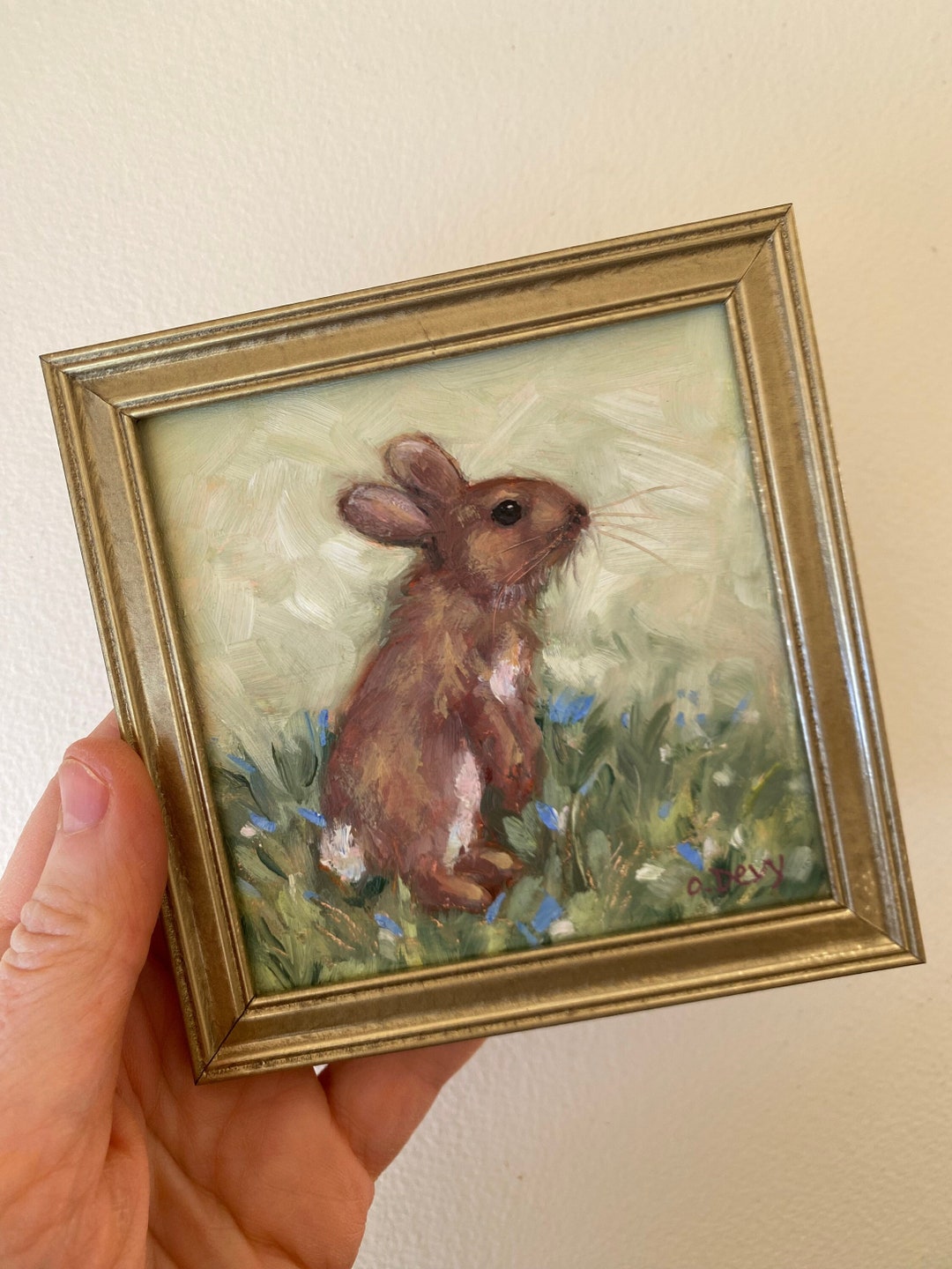 Vintage Square Framed Bunny Portrait,original Handmade Rabbit Painting ...