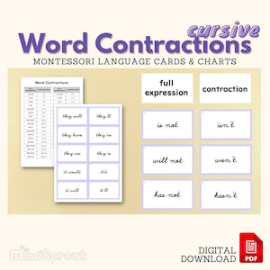 Word Contractions CURSIVE Montessori Language Activity Material Grammar ...
