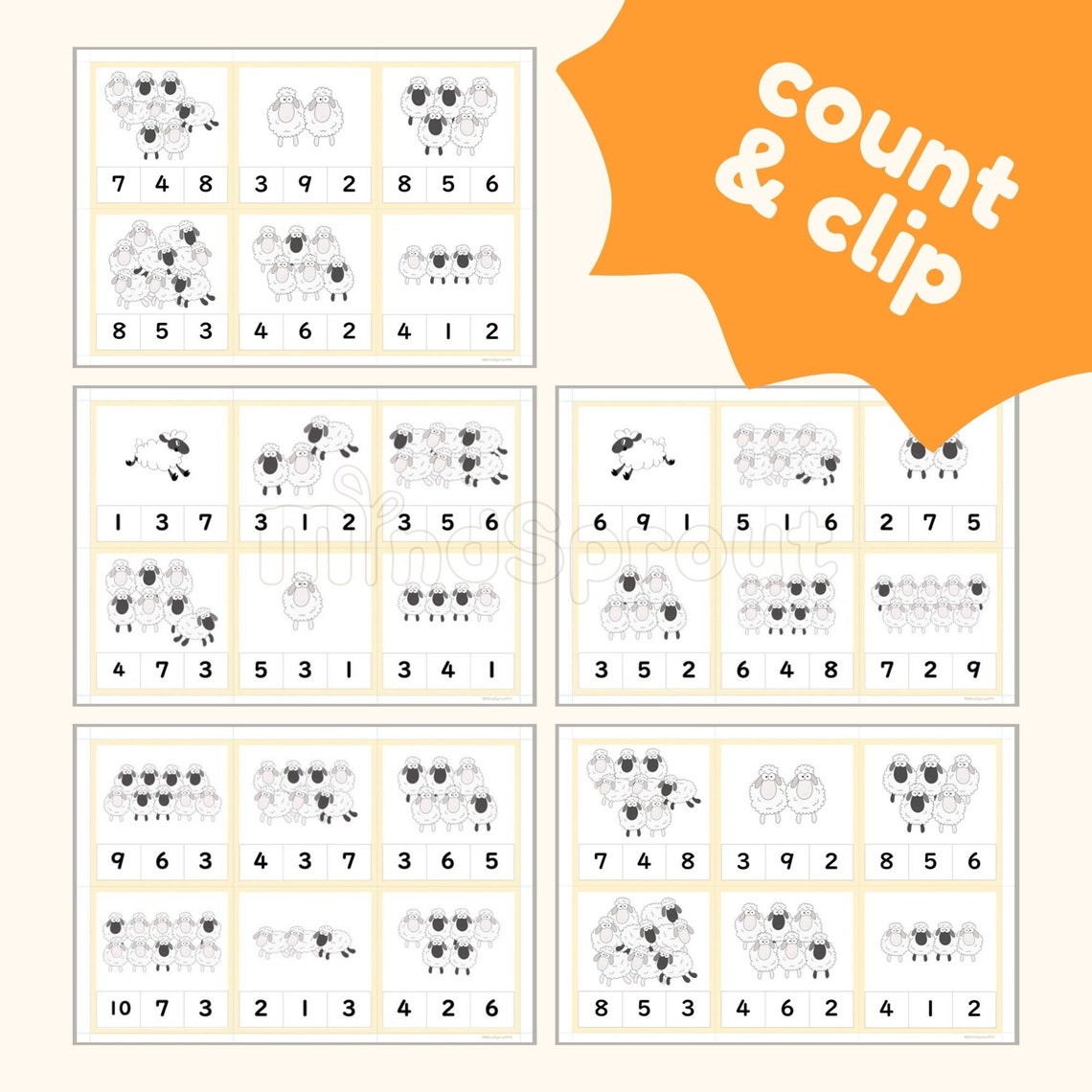 Counting SHEEP Clip Cards Sheep Family 3-part Cards Number Matching ...