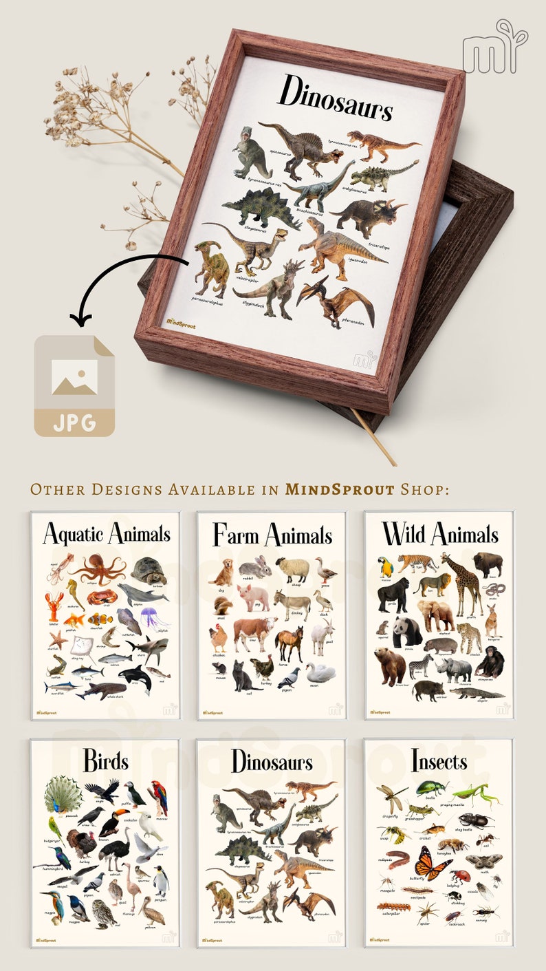 Educational Wall Art Montessori Chart Dinosaurs Poster Home Decor for ...