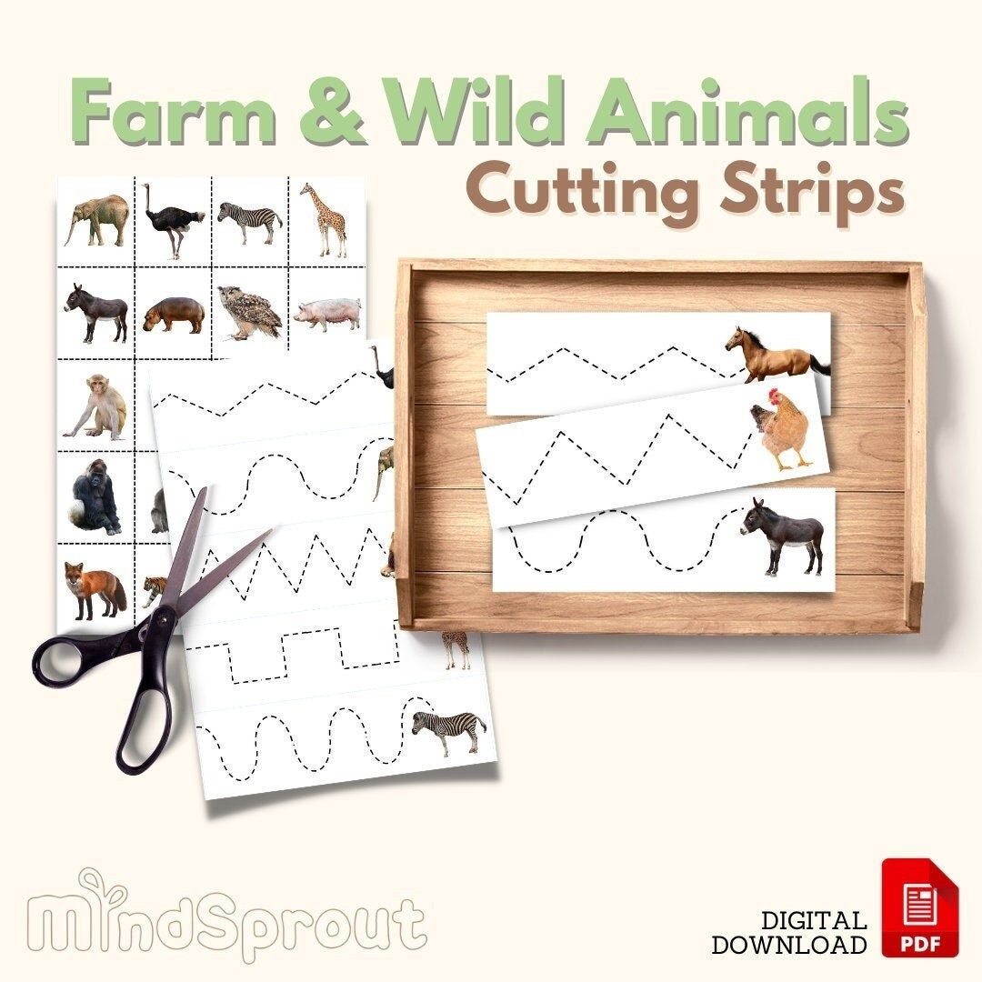 FARM & WILD ANIMALS Cutting Strips Sorting Mini Cards Scissors Cutting ...