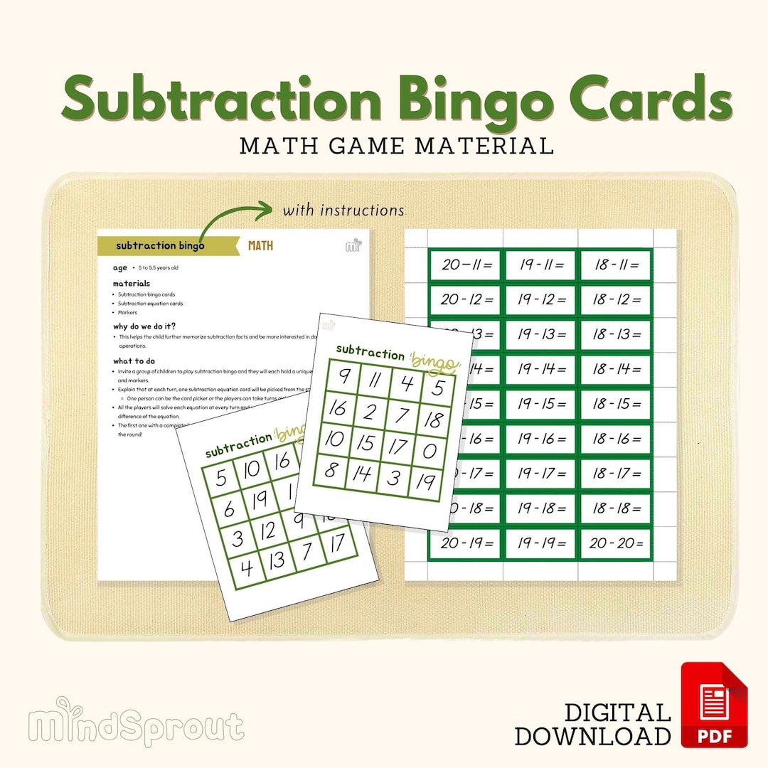 Subtraction Bingo Cards Subtraction Operations Equations Montessori ...
