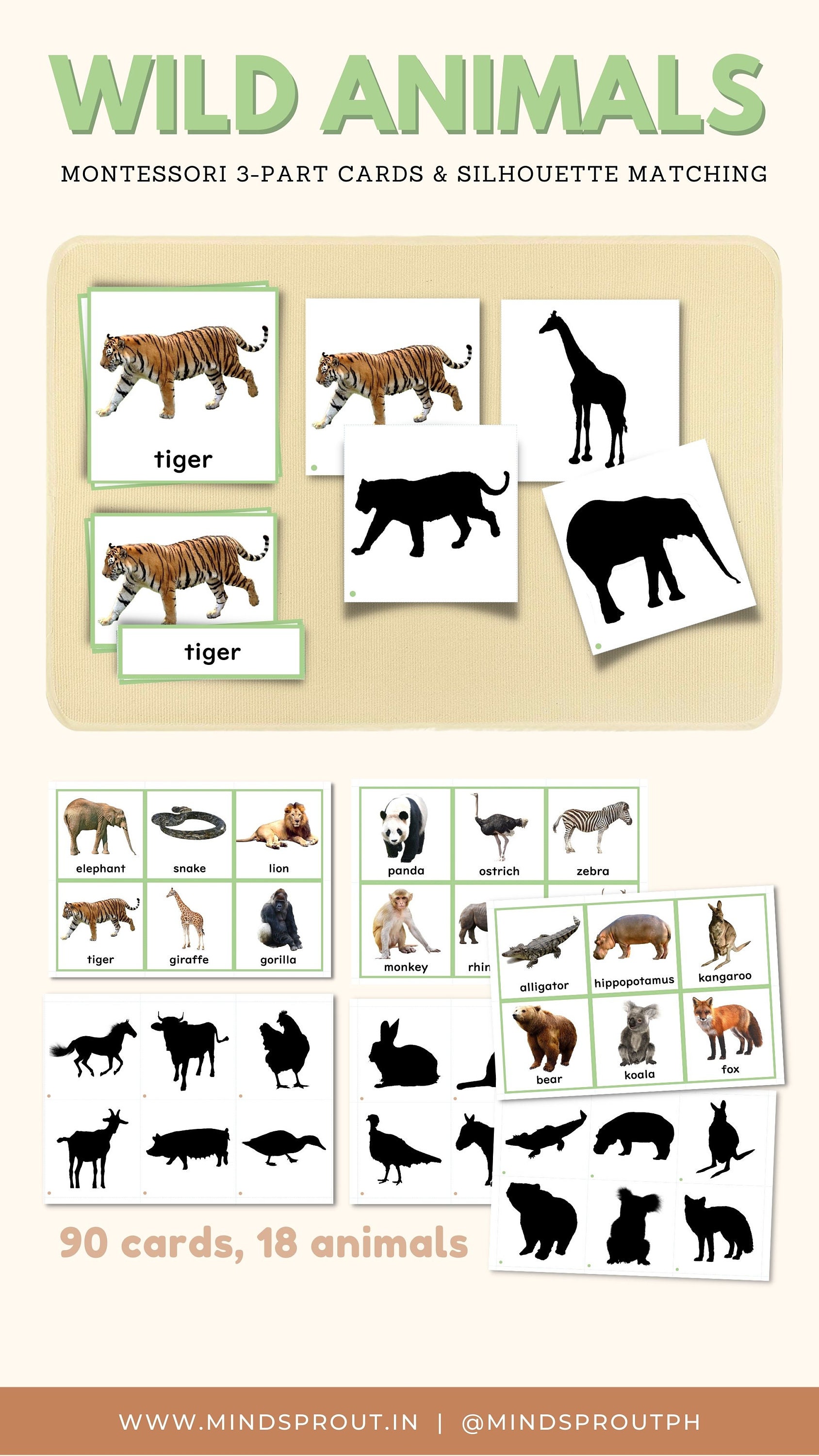WILD ANIMALS Montessori Nomenclature 3 Part Card Silhouette Shadow ...