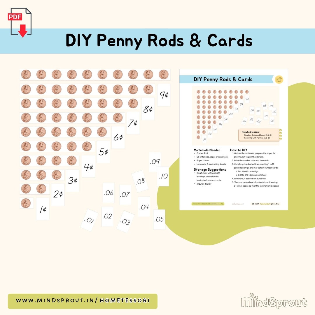 US Money Penny Rods and Cards Montessori Material Math Money Activity ...