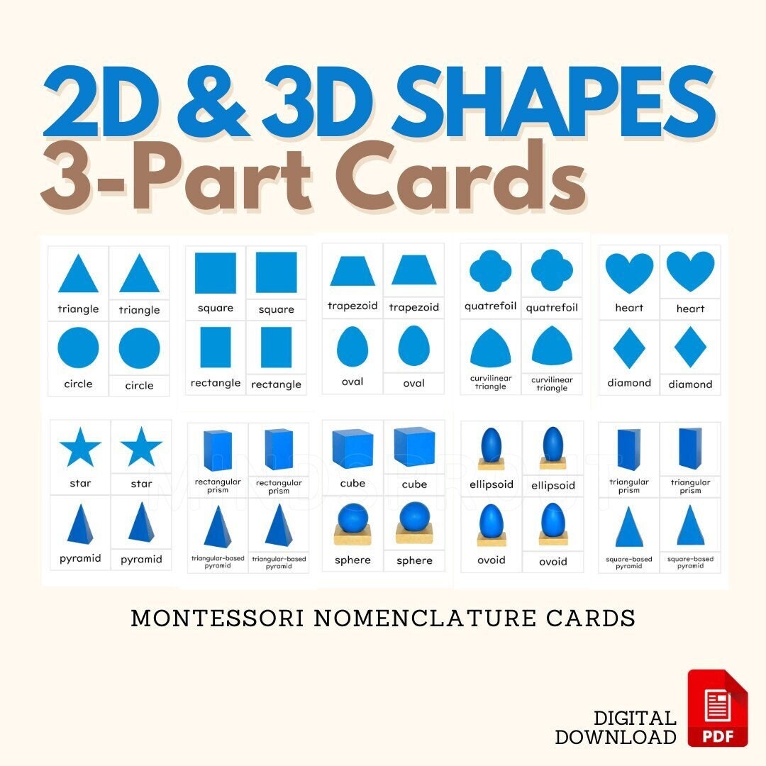 Montessori 2D 3D SHAPES Three Part Cards Montessori Nomenclature 3-part ...