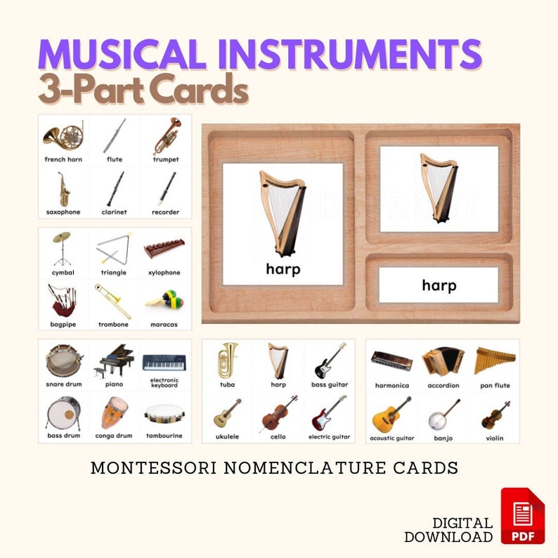 MUSICAL INSTRUMENTS Montessori Nomenclature Card Classified 3-part ...