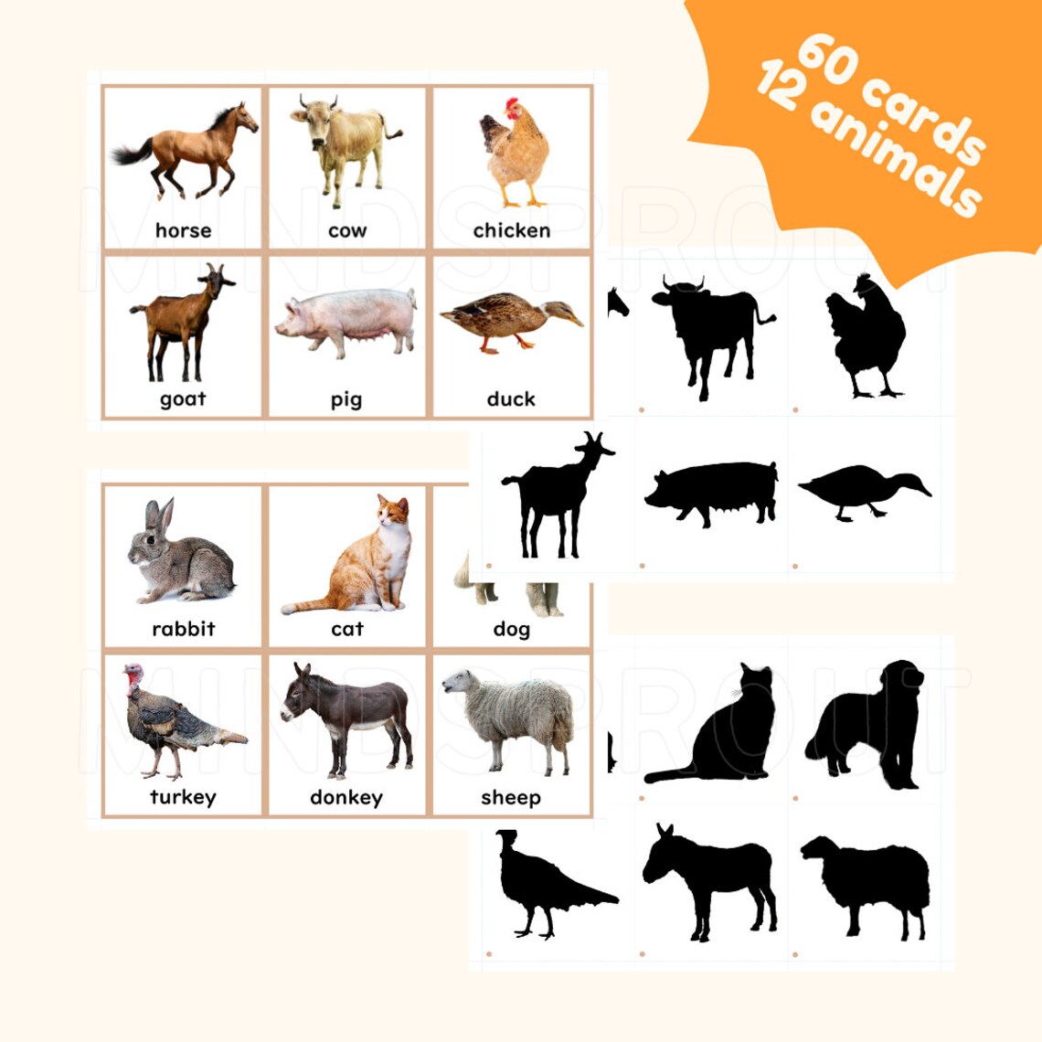 FARM ANIMALS 3 Part Card Montessori Nomenclature Card Shadow Matching ...