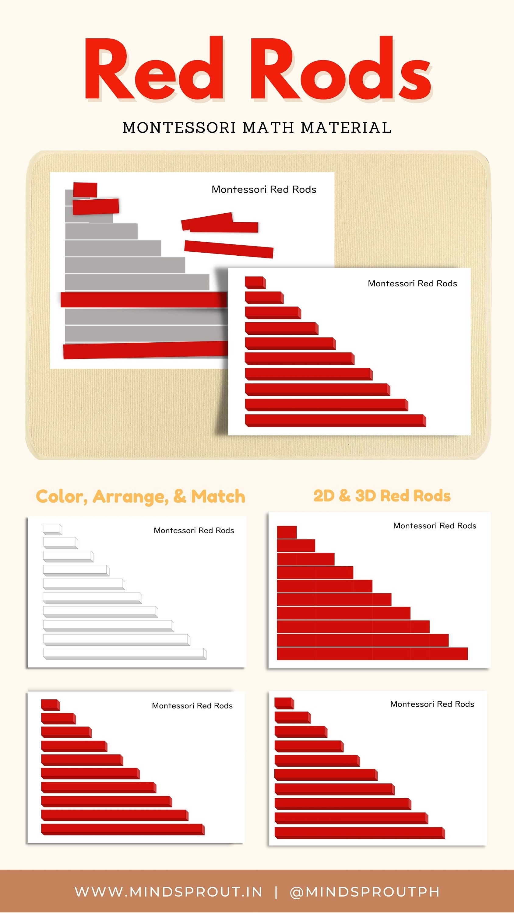 Red Rods Montessori Sensorial Material Extension Worksheet Coloring ...