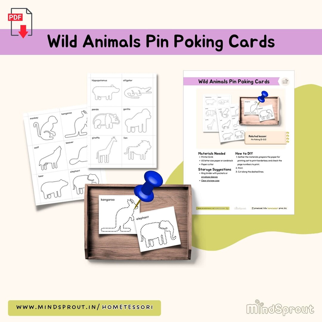 Wild Animals Push Pin Poke Prick Punch Activity, Fine Motor Skills Work ...