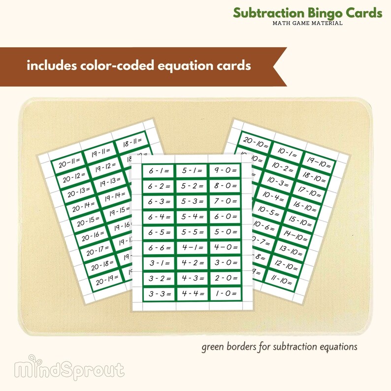 Subtraction Bingo Cards Subtraction Operations Equations Montessori ...