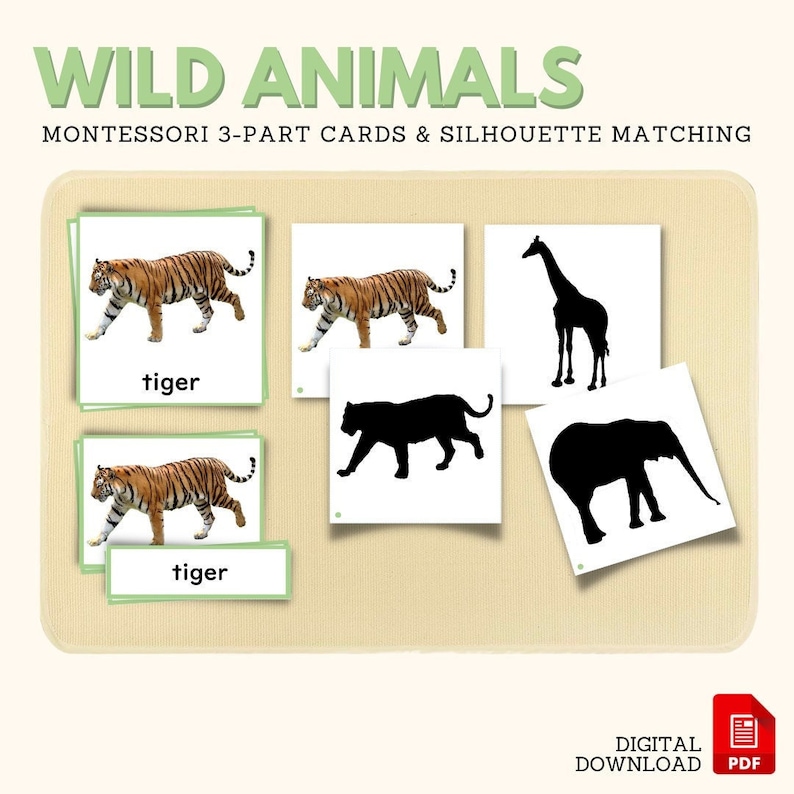 WILD ANIMALS Montessori Nomenclature 3 Part Card Silhouette Shadow ...