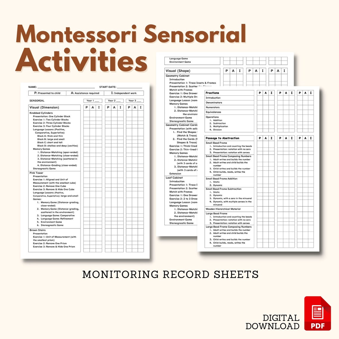 Primary Montessori Activities Monitoring Record Sheets Scope and ...