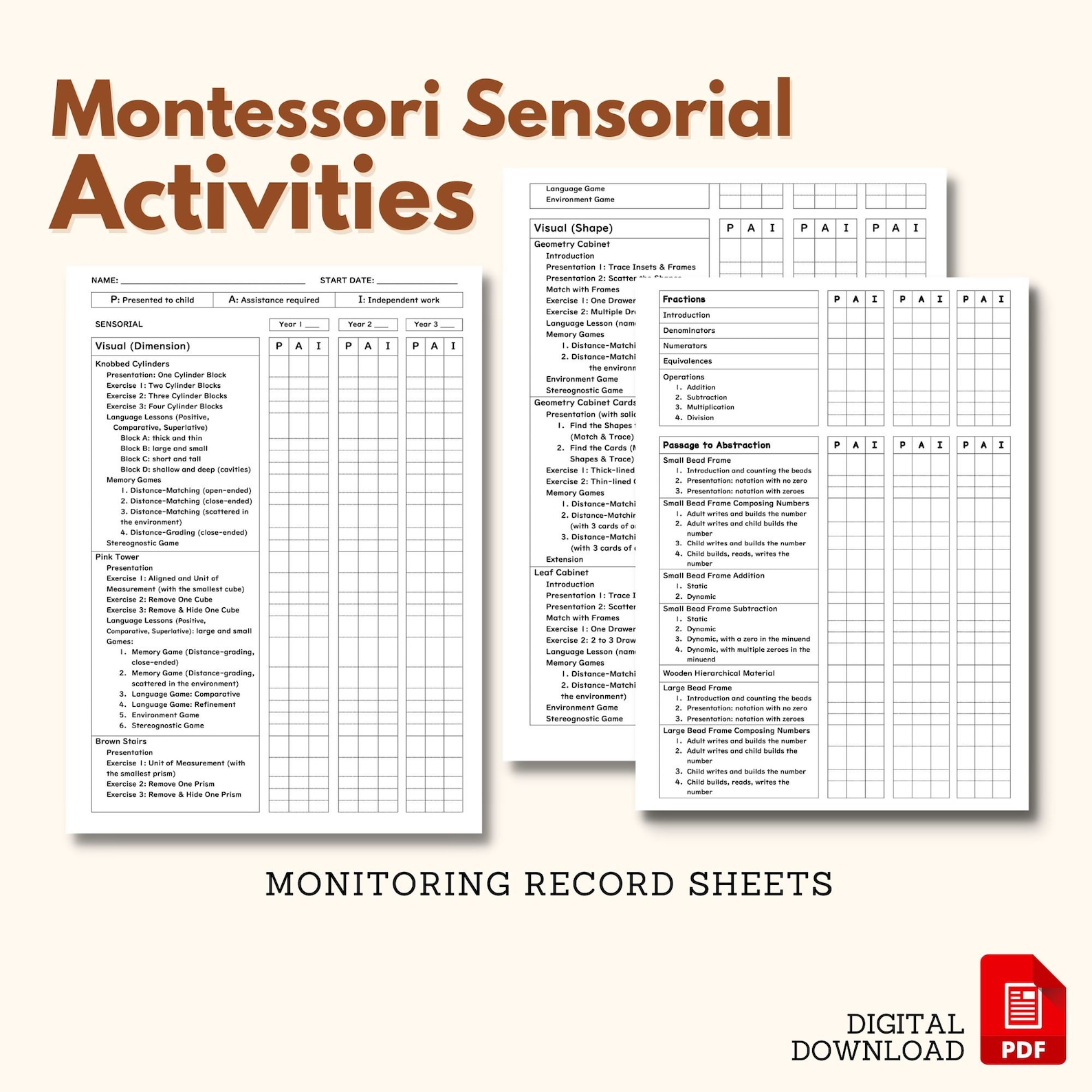 Primary Montessori Activities Monitoring Record Sheets Scope and ...