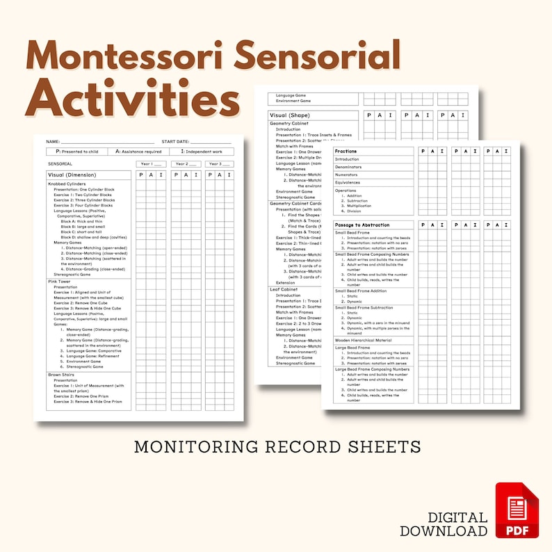 Primary Montessori Activities Monitoring Record Sheets Scope and ...