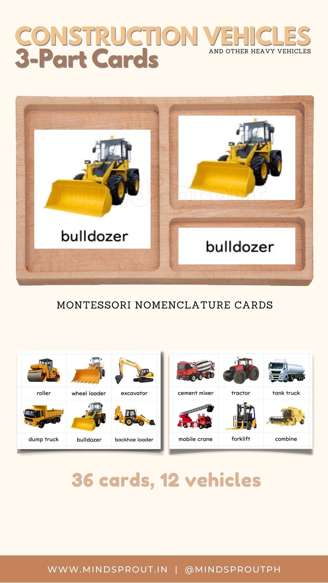 CONSTRUCTION VEHICLES Montessori Nomenclature Classified 3-part Cards ...