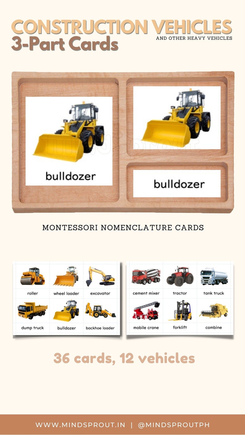CONSTRUCTION VEHICLES Montessori Nomenclature Classified 3-part Cards ...