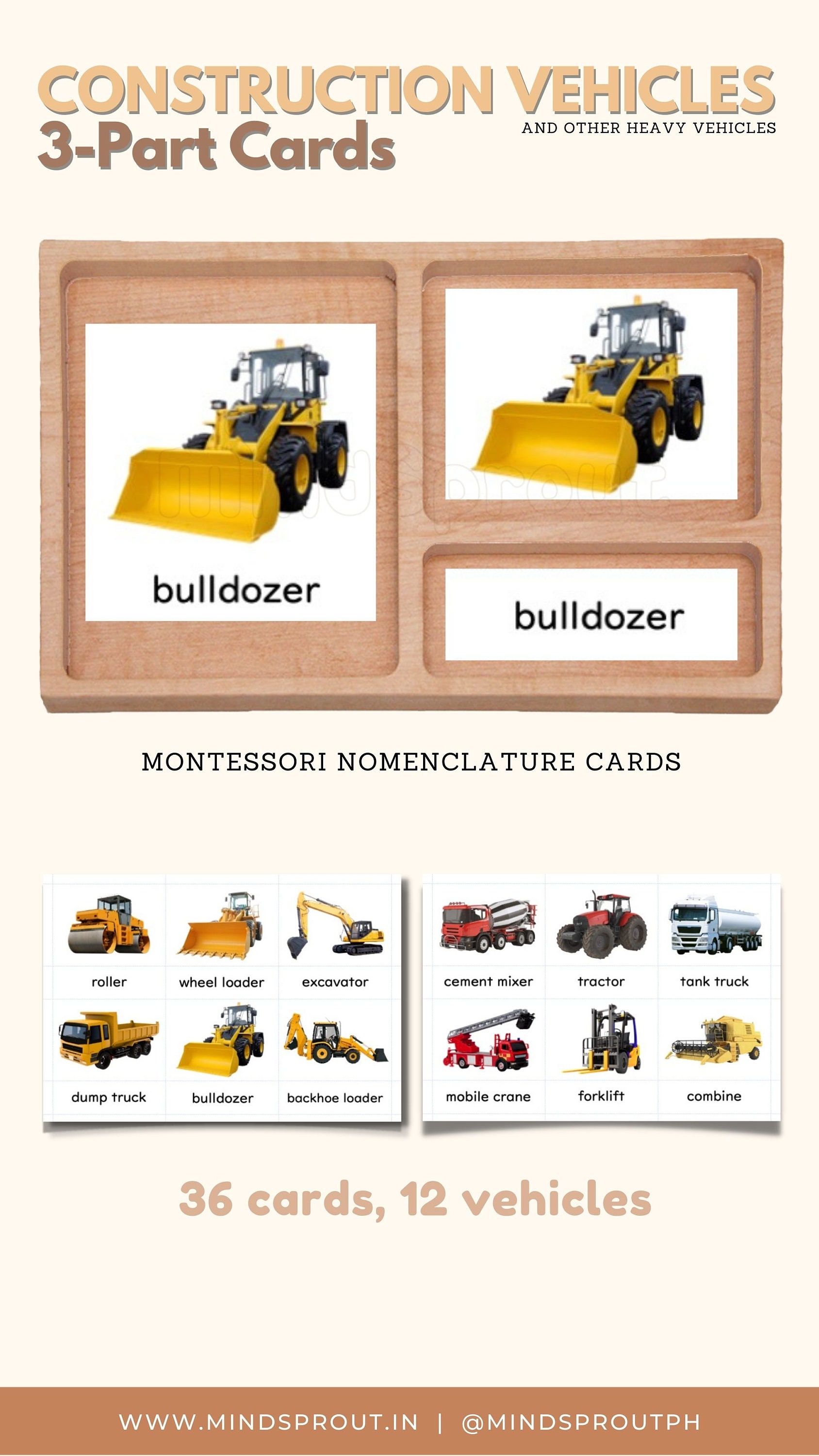 CONSTRUCTION VEHICLES Montessori Nomenclature Classified 3-part Cards ...