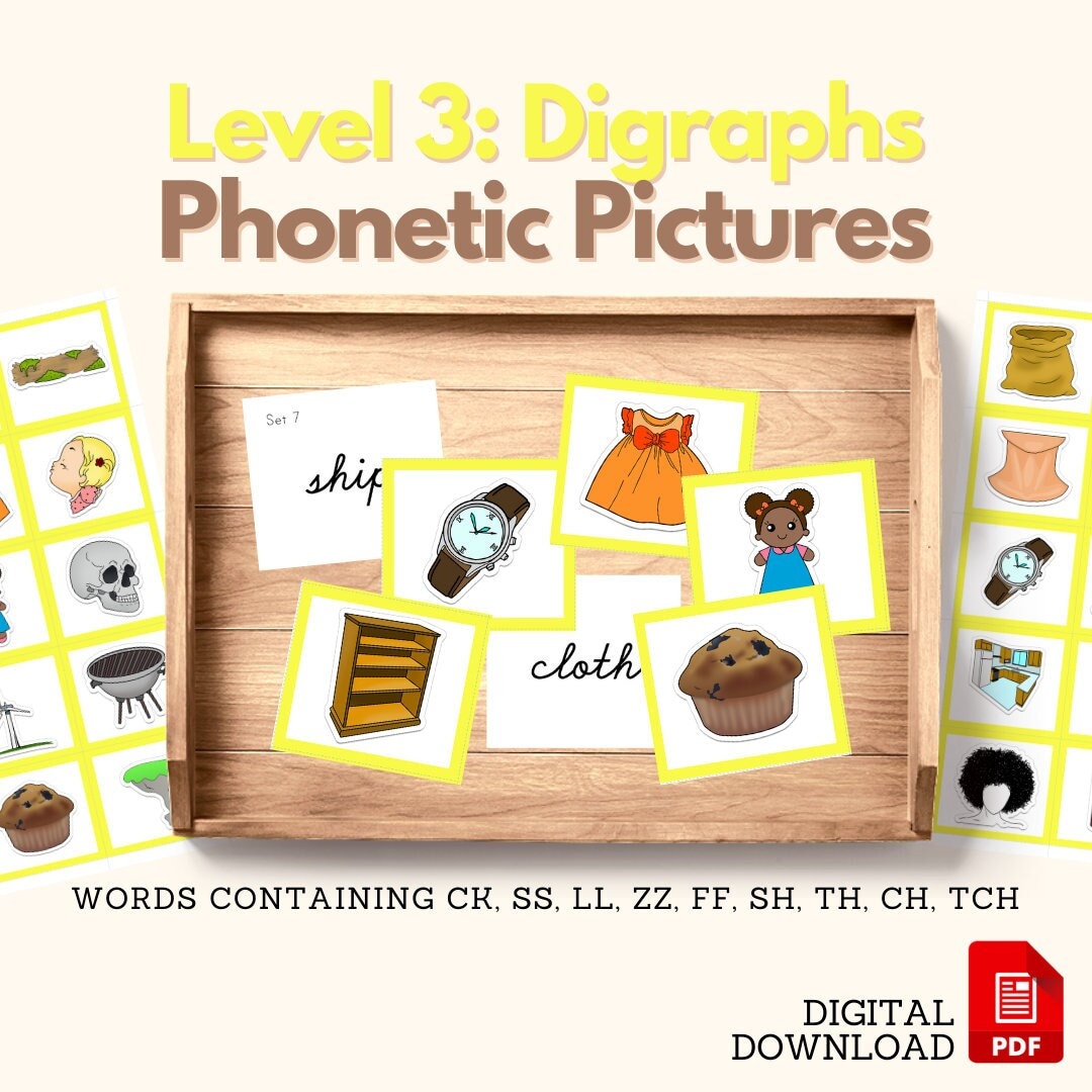 Montessori Language Phonetic Reading Digraphs Level 3 YELLOW Picture ...