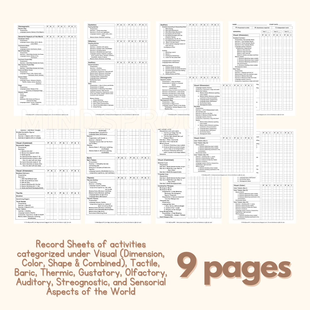Montessori SENSORIAL Activities Monitoring Record Sheets for - Etsy