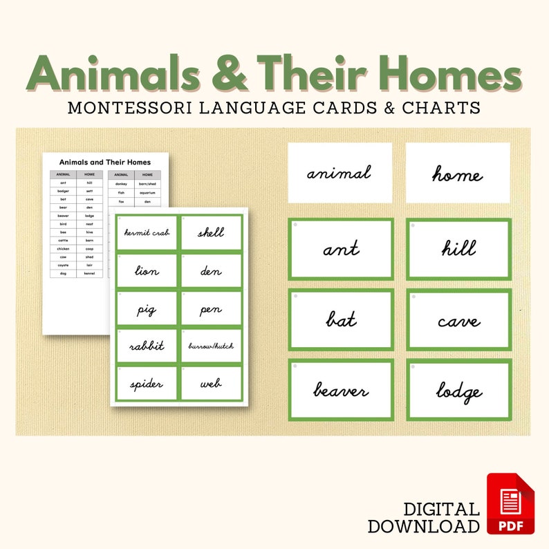 Animal Vocabulary Cards Charts CURSIVE Montessori Language Material ...