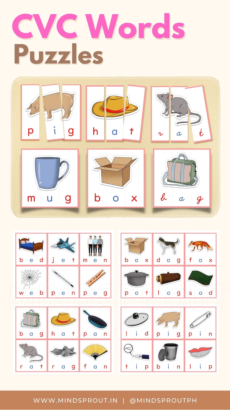 CVC Words Montessori Puzzle Game Pink Language Series PBG Montessori ...