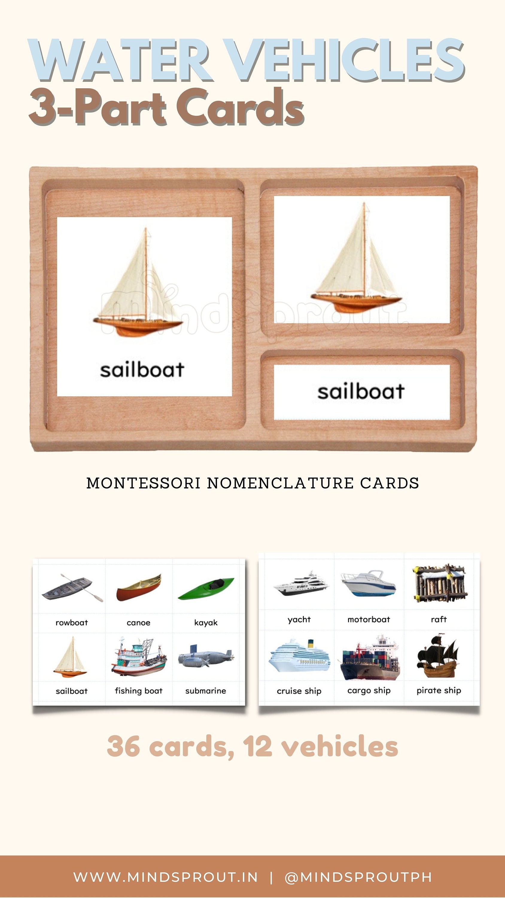 WATER VEHICLE 3-part Card Montessori Language Nomenclature Classified ...