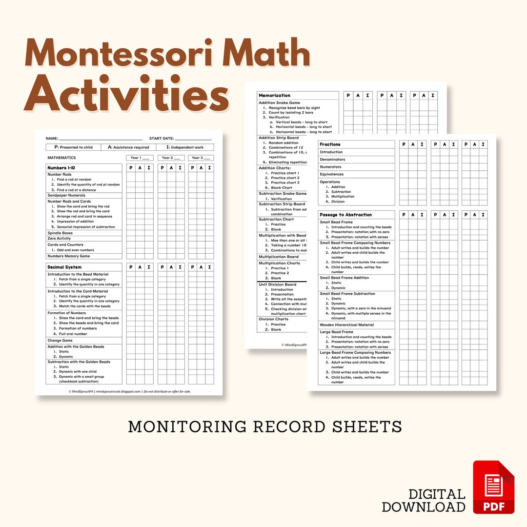 Montessori MATH Activities Monitoring Record Sheet Scope and Sequence ...