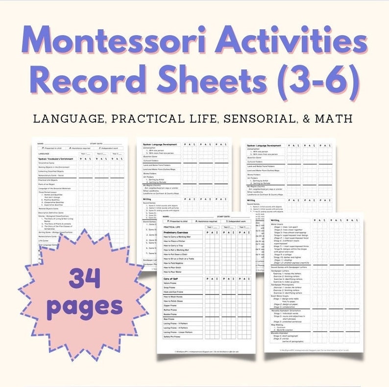 Primary Montessori Activities Monitoring Record Sheets Scope and ...