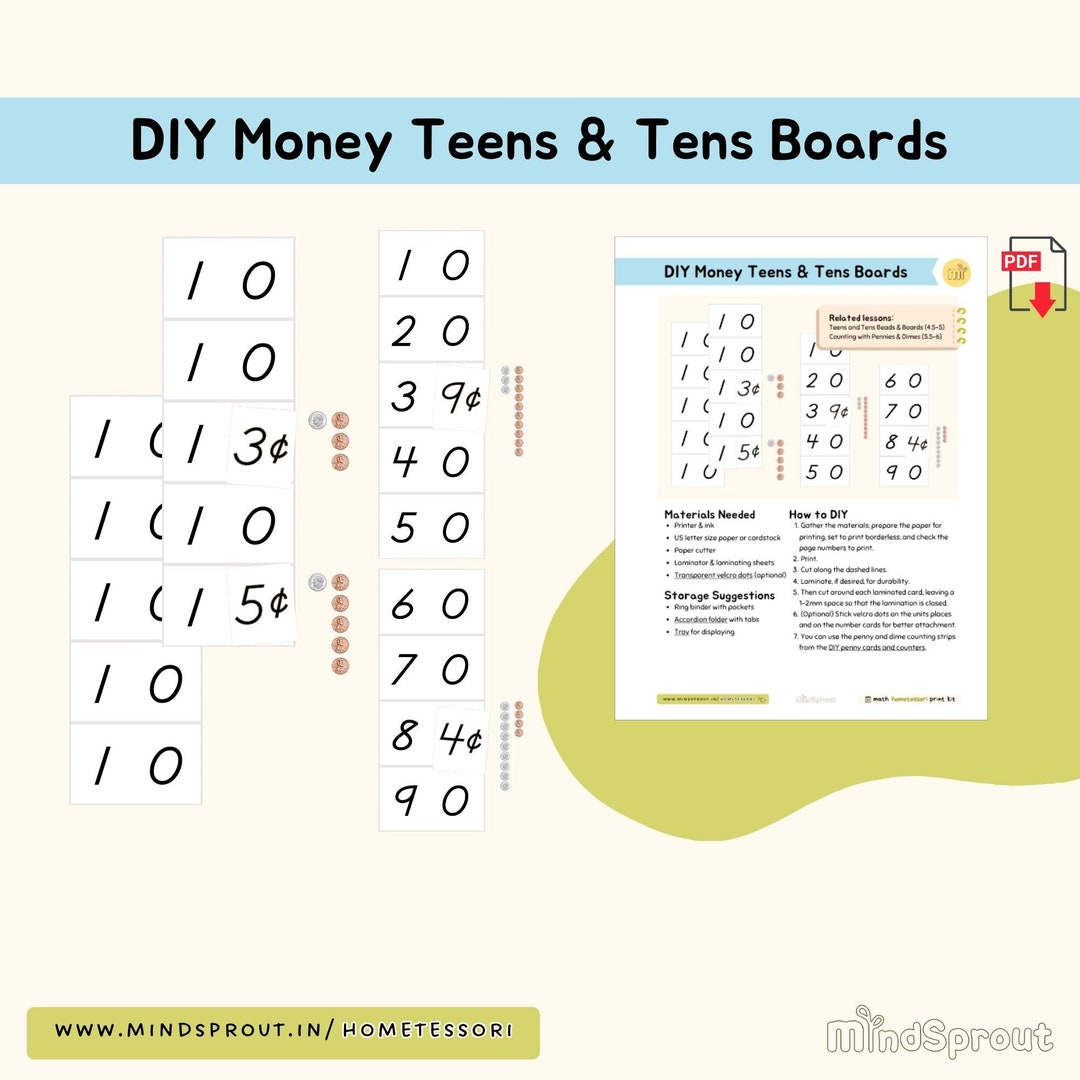 US Money Teens and Tens Boards DIY Montessori Material Math Money ...