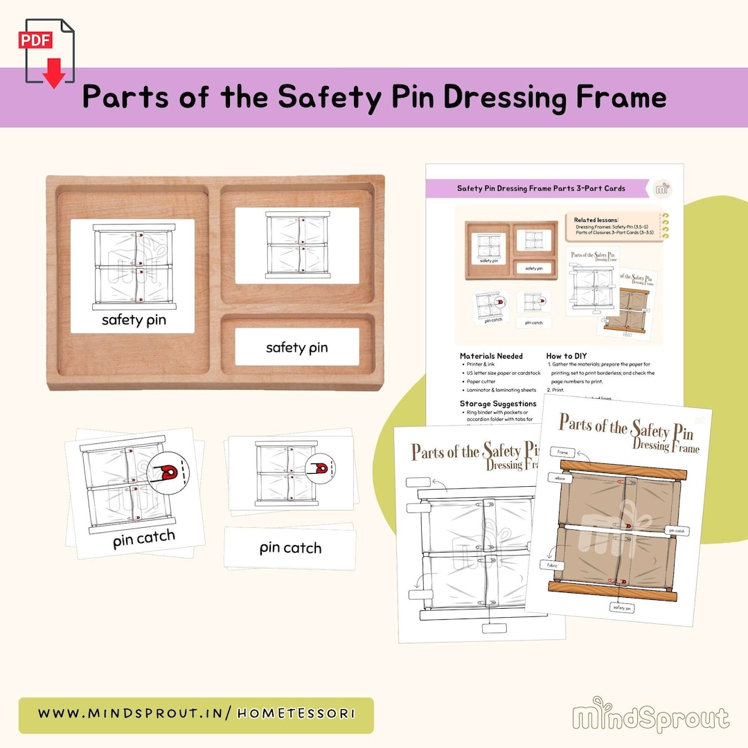 Parts of Safety Pin Dressing Frame 3-part Cards Montessori Practical ...