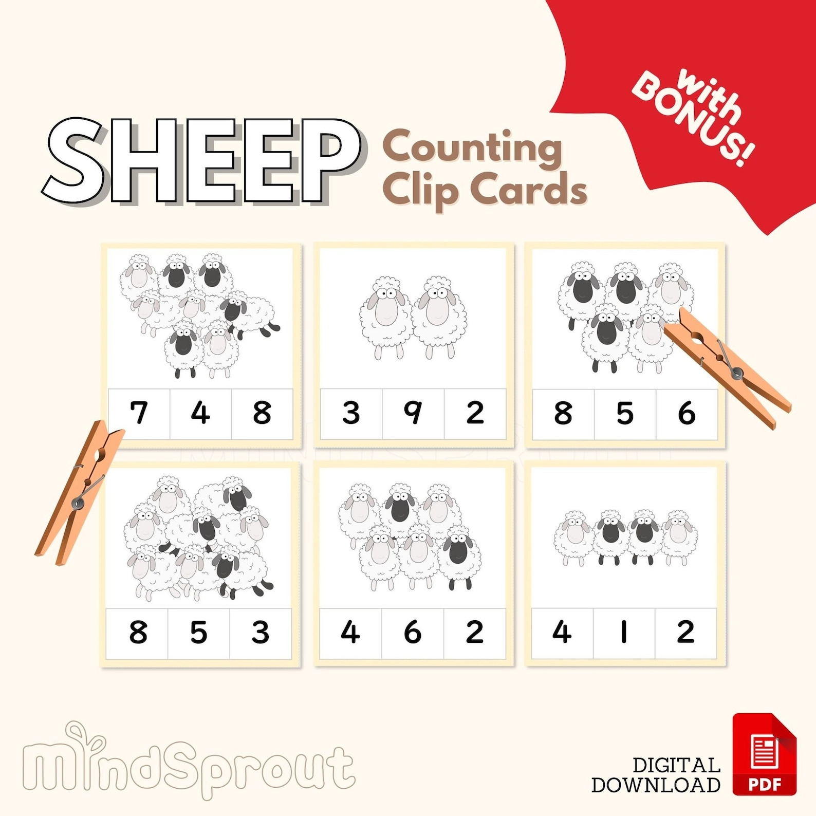 Counting SHEEP Clip Cards Sheep Family 3-part Cards Number Matching ...