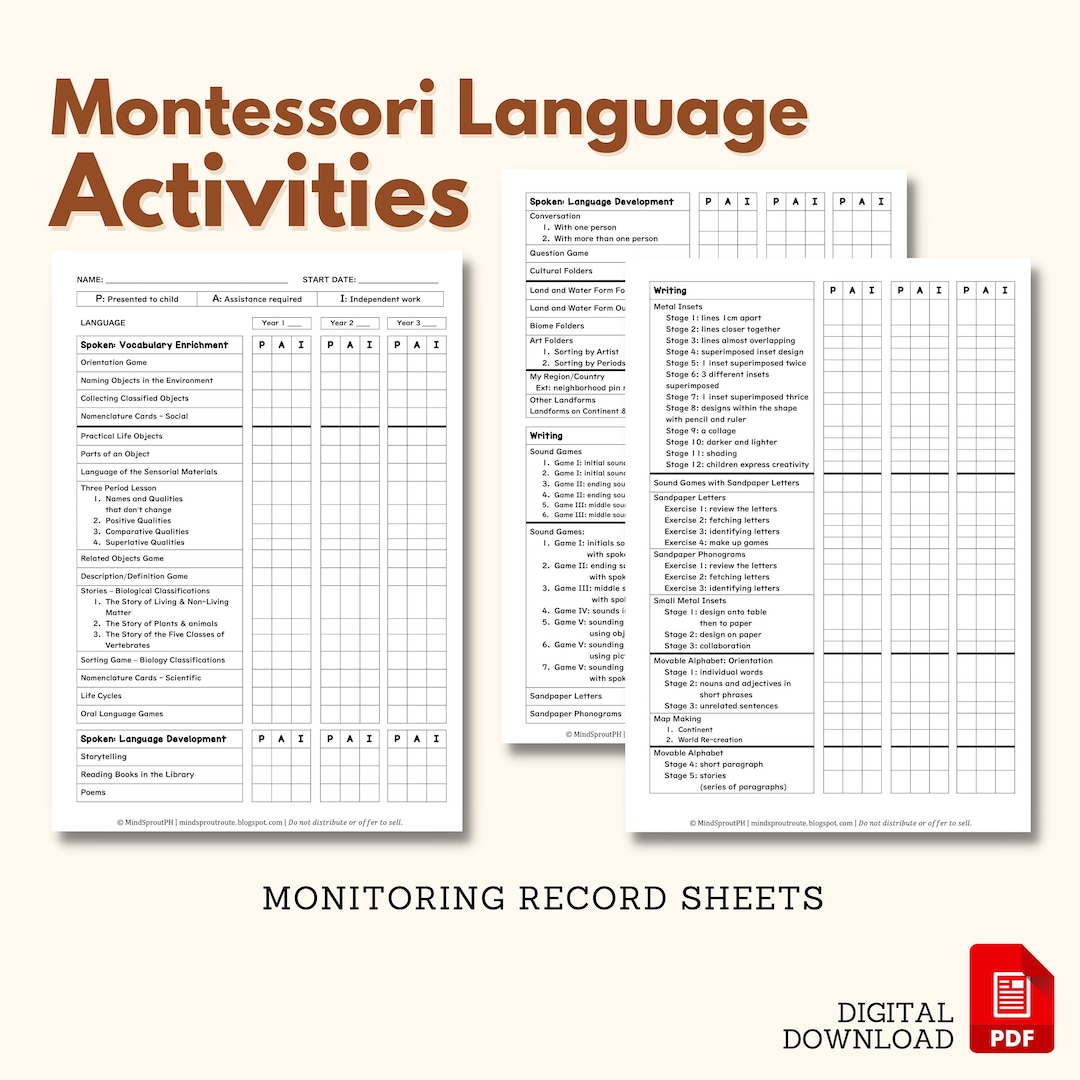 Montessori LANGUAGE & MUSIC Activities Monitoring Record Sheet Scope ...